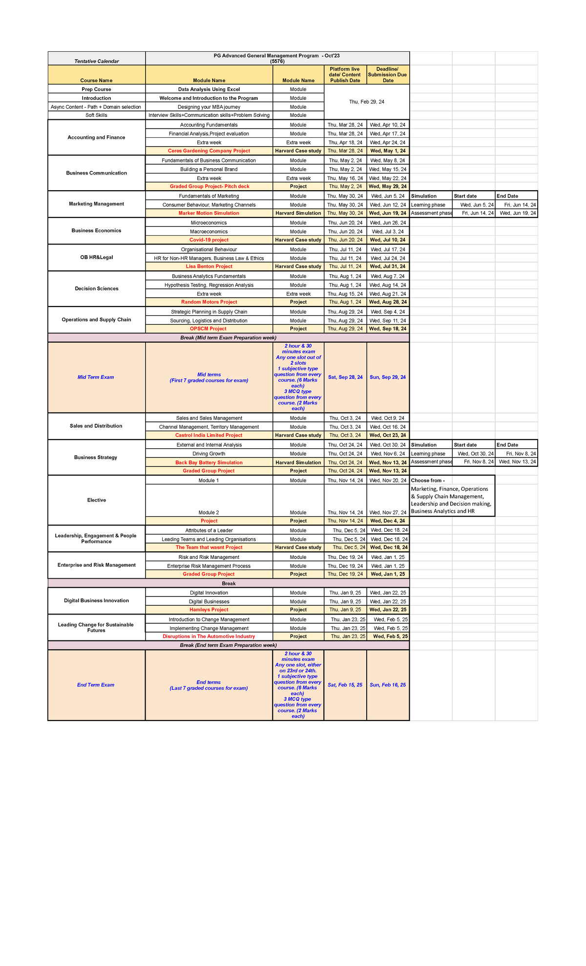 IMT Schedule - Tentative Calendar PG Advanced General Management ...