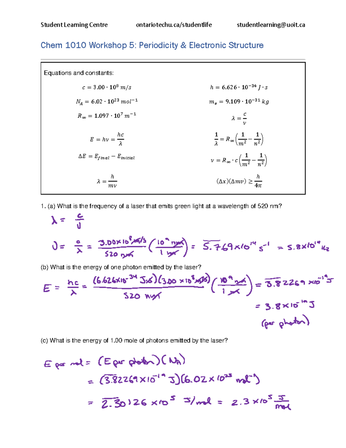 WS 5 solutions - Chem 1010 Workshop 5: Periodicity & Electronic Structure Equations and - Studocu