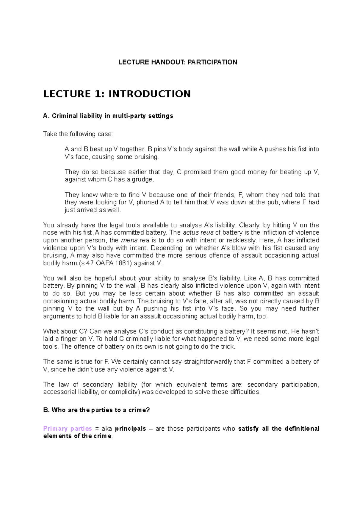 Lecture Block 7 Handout 1 Du Bois-Pedain (Participation in Crime - lectures 1 to 4) - LECTURE ...