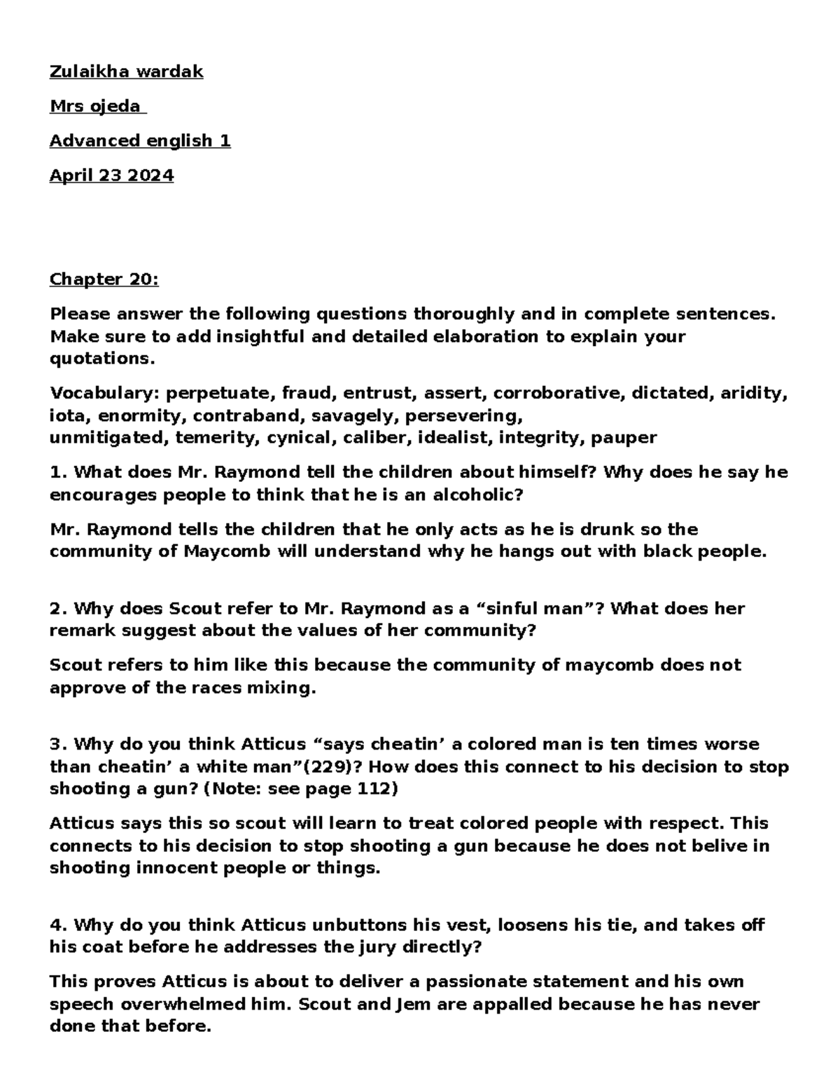 TKAM reading questions 20-21 copy - Zulaikha wardak Mrs ojeda Advanced ...