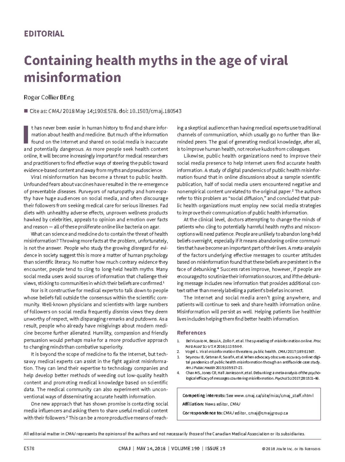 Containing health myths - Article - All editorial matter in CMAJ ...