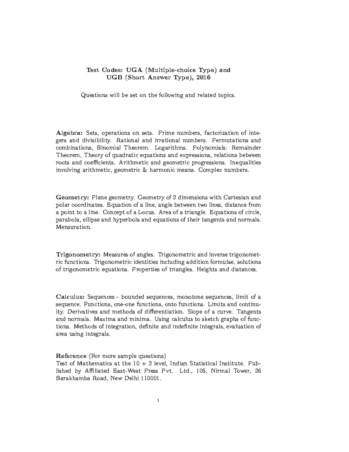 BStat BMath UGA 2016 - Good book - Test Codes: UGA (Multiple-choice ...