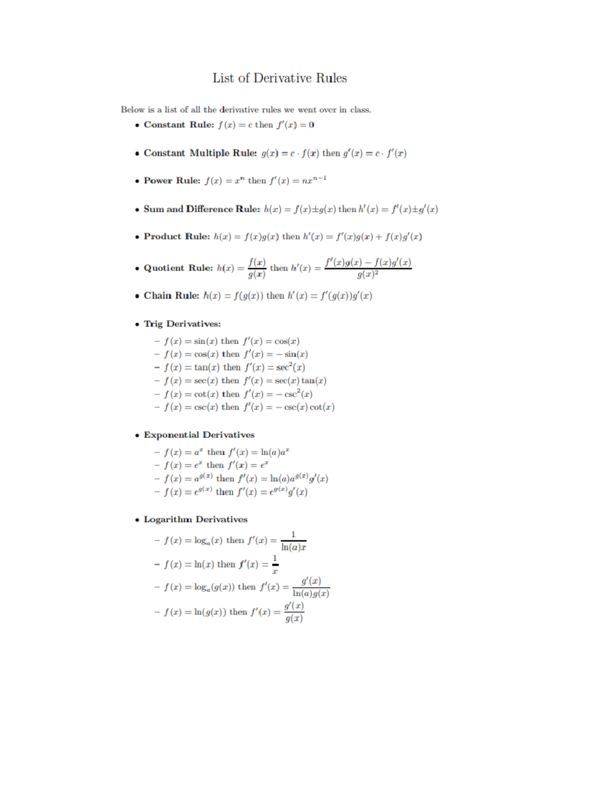 List of derivatives - Formulas and Rules - MATH 273 - Studocu
