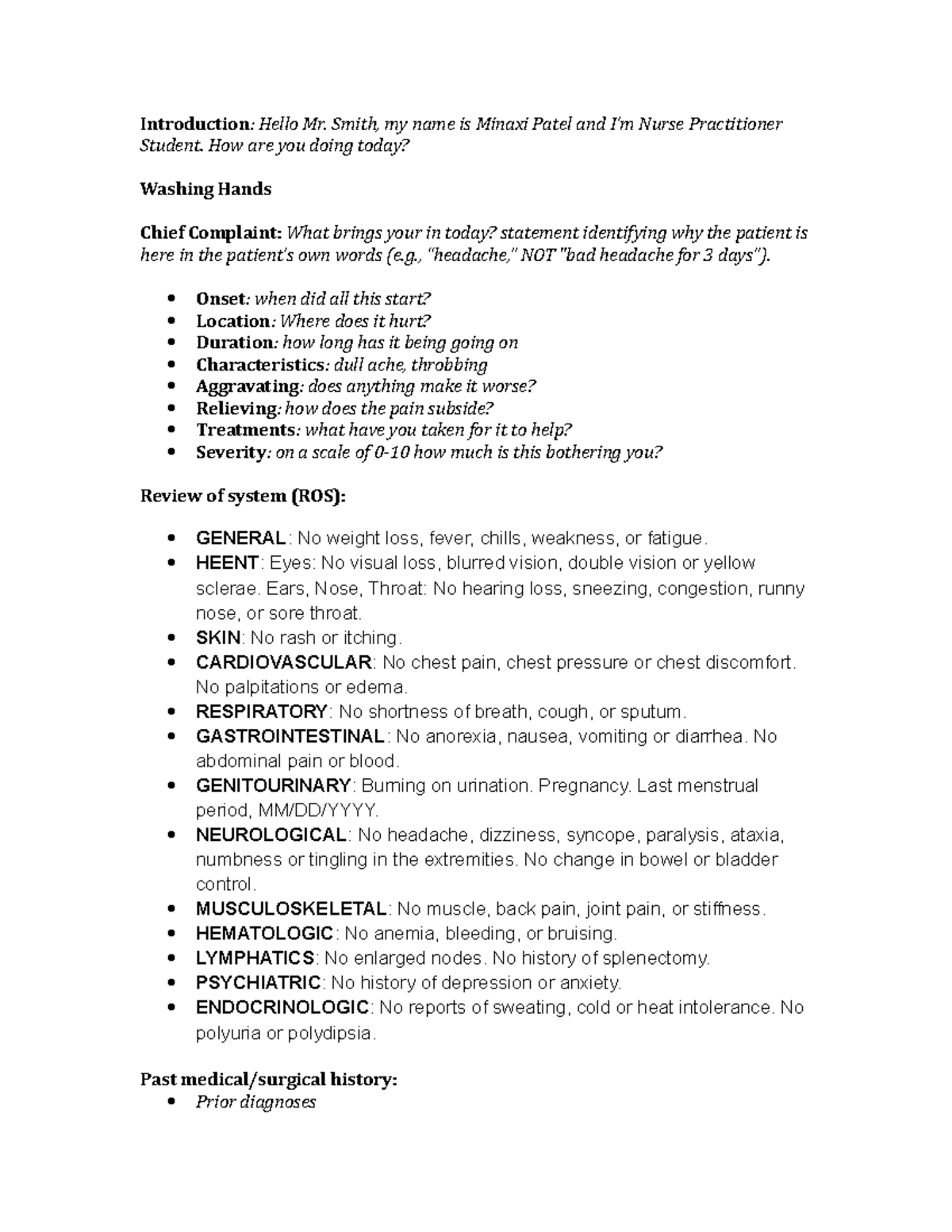 Assessment Notes - Introduction : Hello Mr. Smith, my name is Minaxi ...