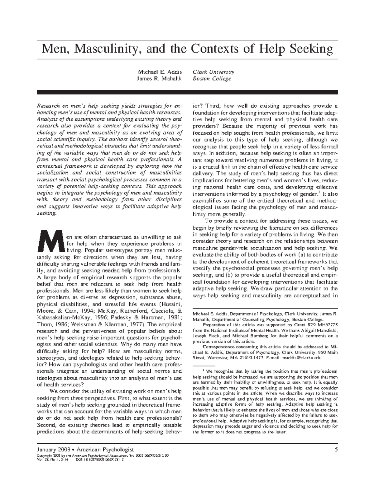Men, Masculinity, and the Contexts of Help Seeking - Addis Clark ...