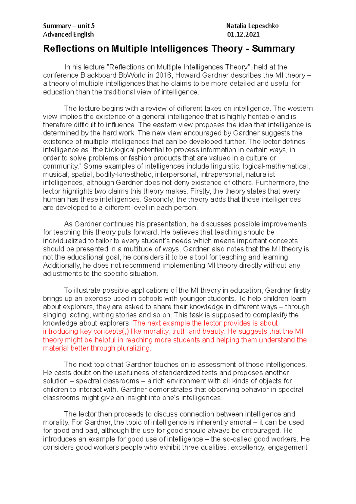 Reflections on Multiple Intelligences Theory - Summary – unit 5 Natalia ...
