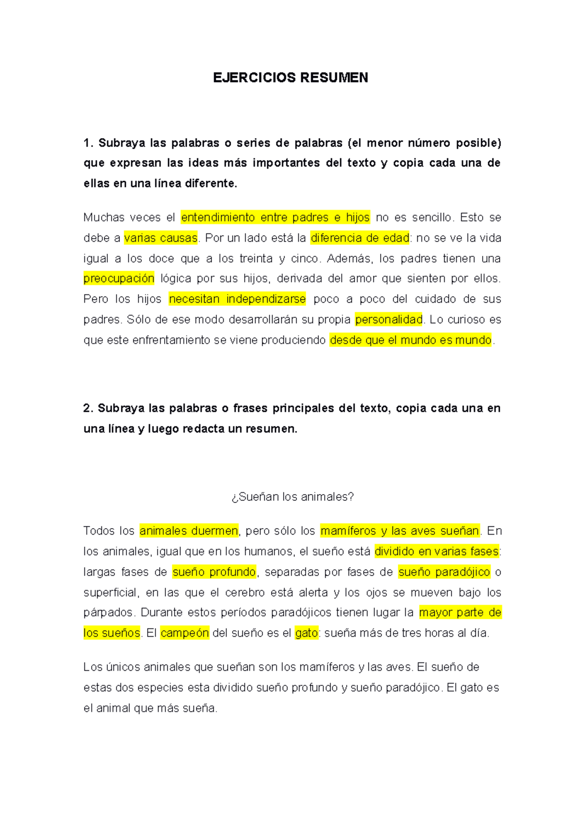 Ejercicios resumen - ft8gy - EJERCICIOS RESUMEN 1. Subraya las palabras o series de palabras (el ...