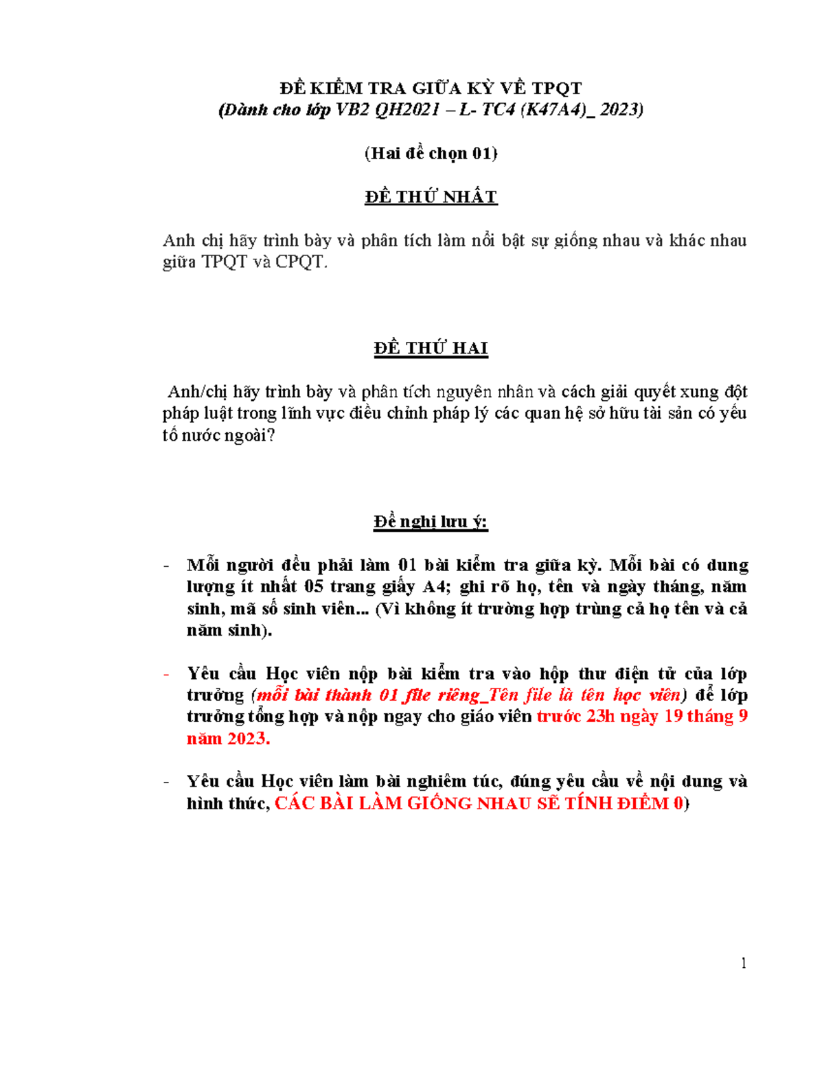 1. ĐỀ KIỂM TRA GIỮA KỲ - VB 2 - 2023 - 1 ĐỀ KIỂM TRA GIỮA KỲ VỀ TPQT (Dành cho lớp VB2 QH2021 ...