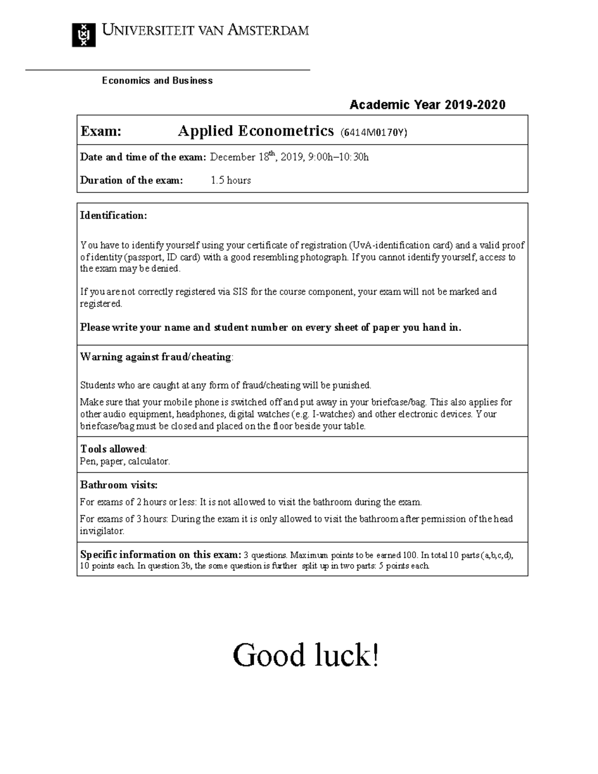 Tentamen vragen december 2019 - Applied Econometrics - Warning: TT: undefined function: 32 ...