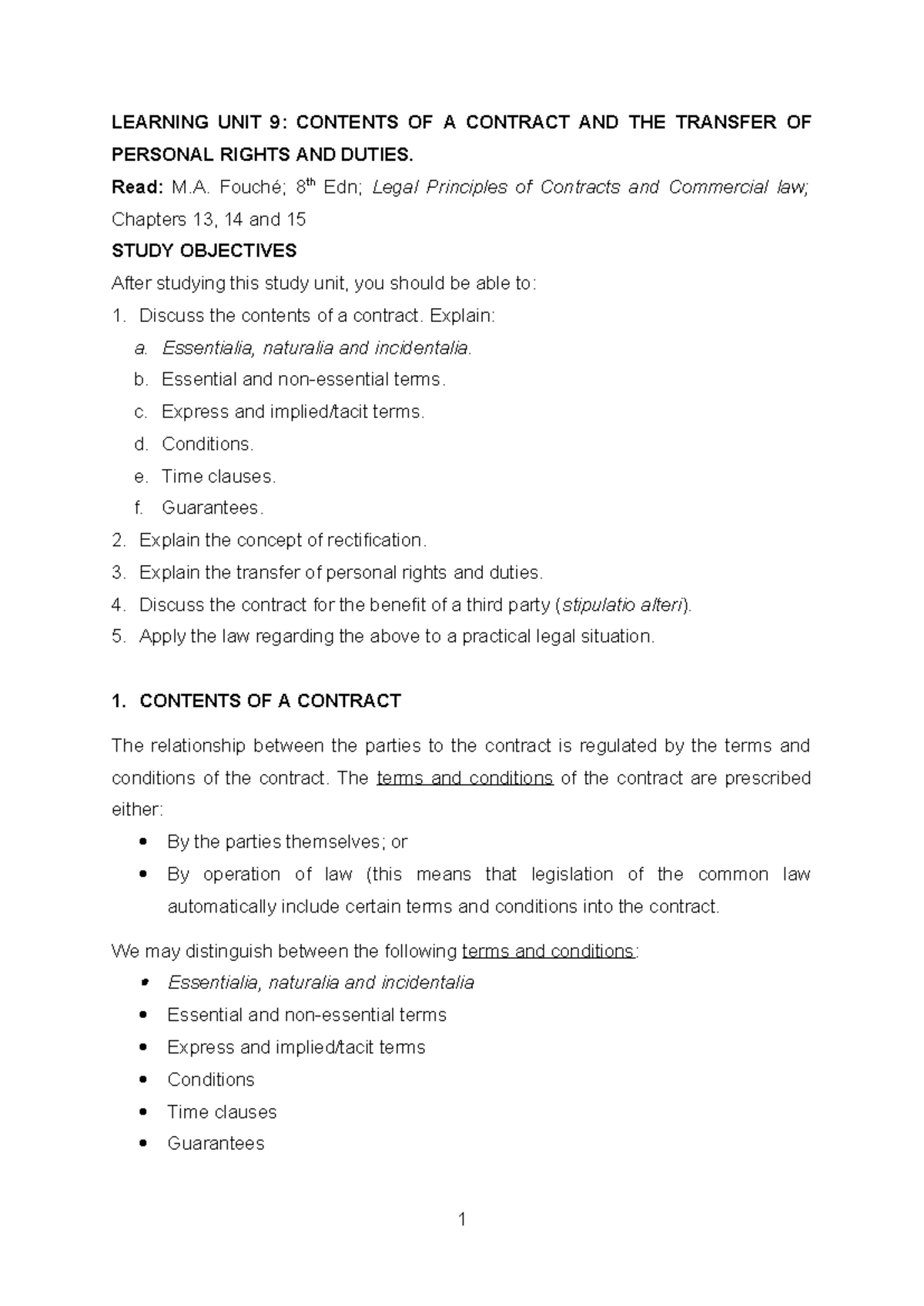 Learning UNIT 9 GP - Contracts of law - LEARNING UNIT 9: CONTENTS OF A ...