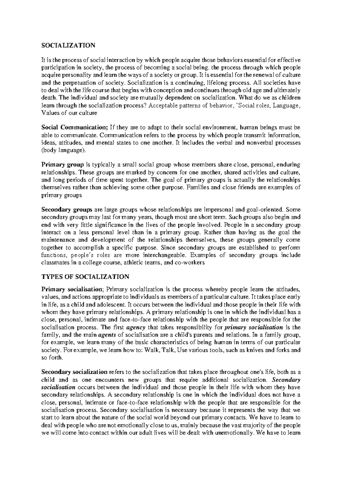 Introduction to Socialization - SOCIALIZATION It is the process of ...