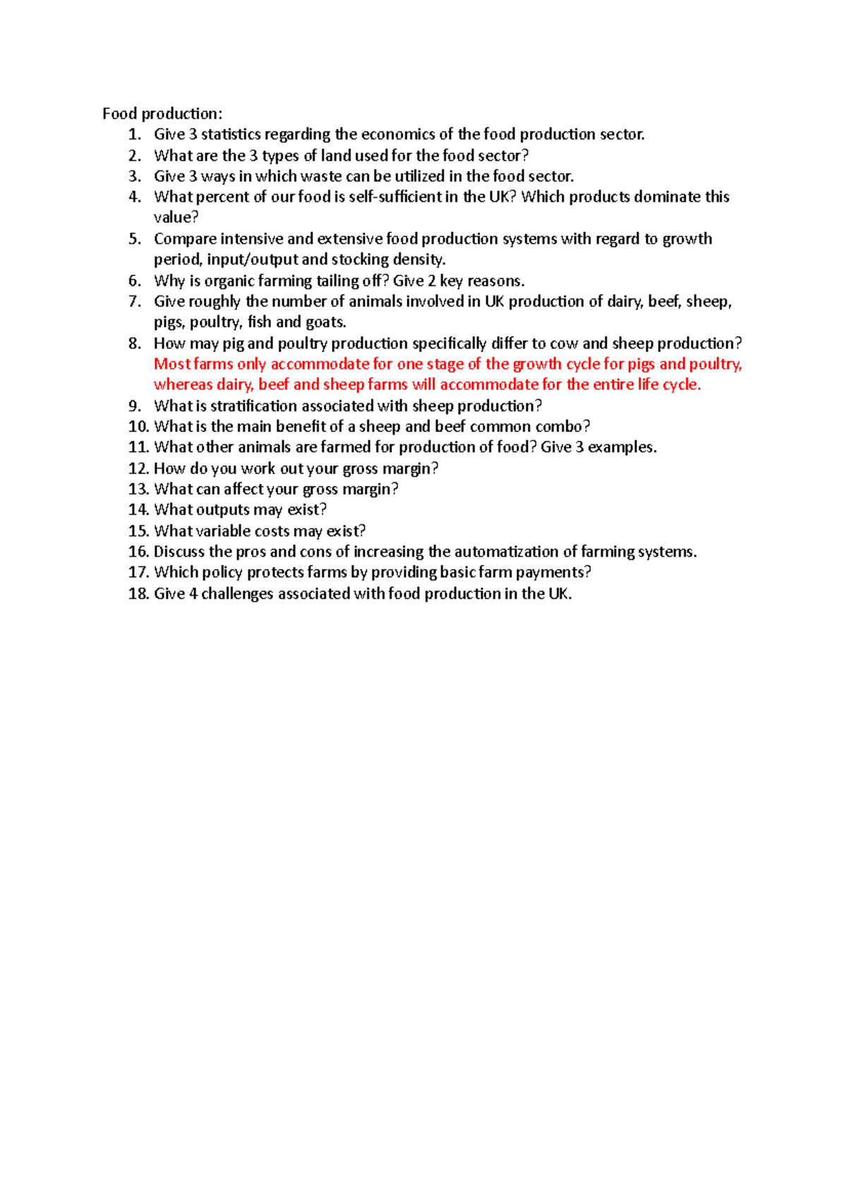 Food production - Questions made from lectures - Food production: 1 ...