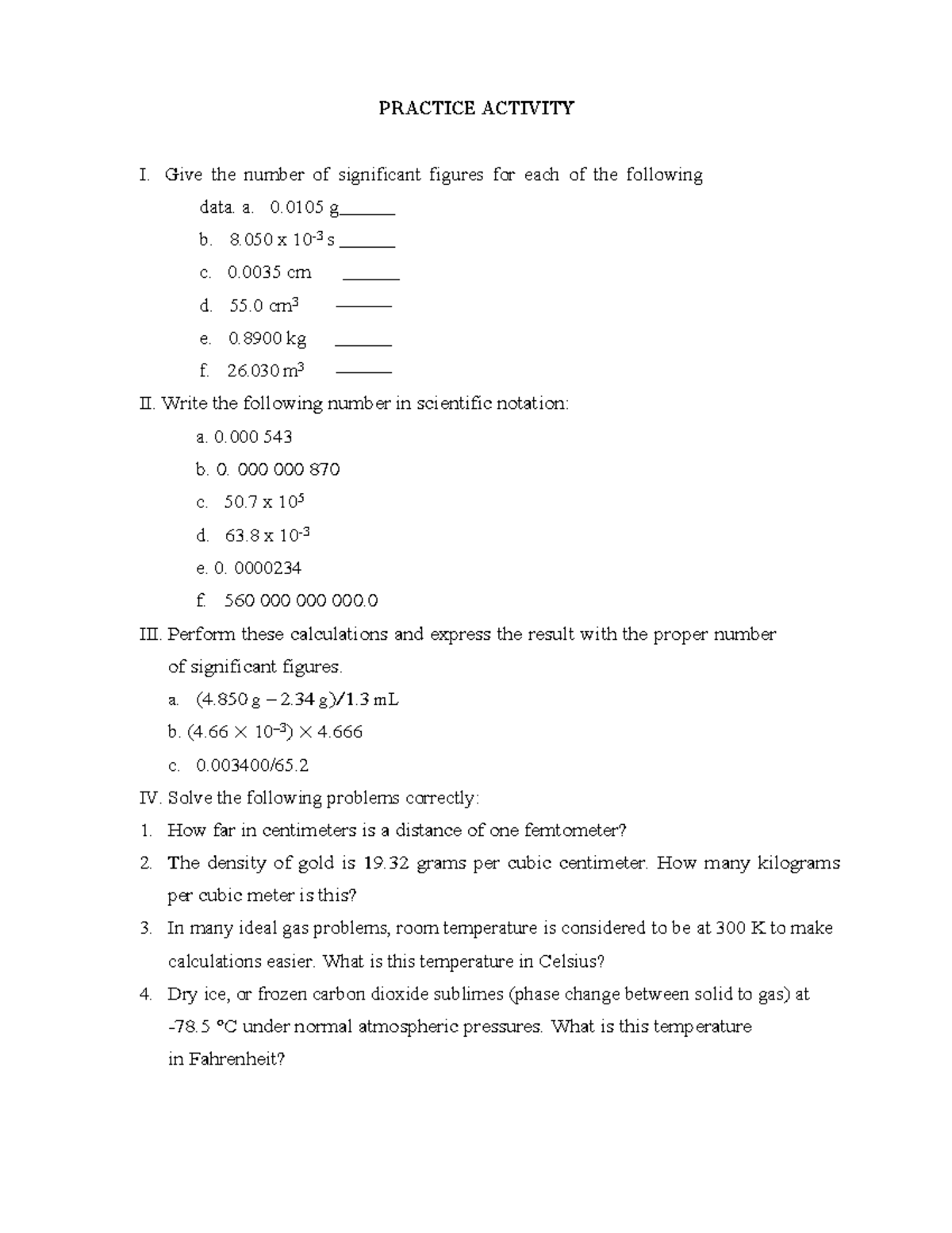 Practice Exercise - Review on measurements - PRACTICE ACTIVITY I. Give ...