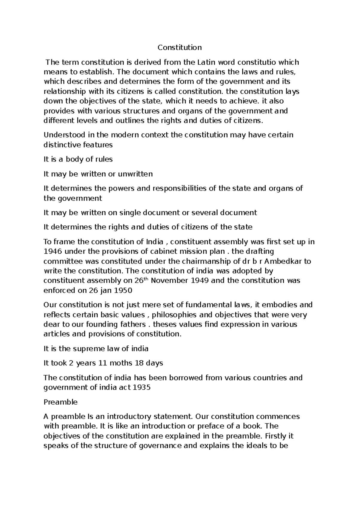 Constitution - notes - Constitution The term constitution is derived ...