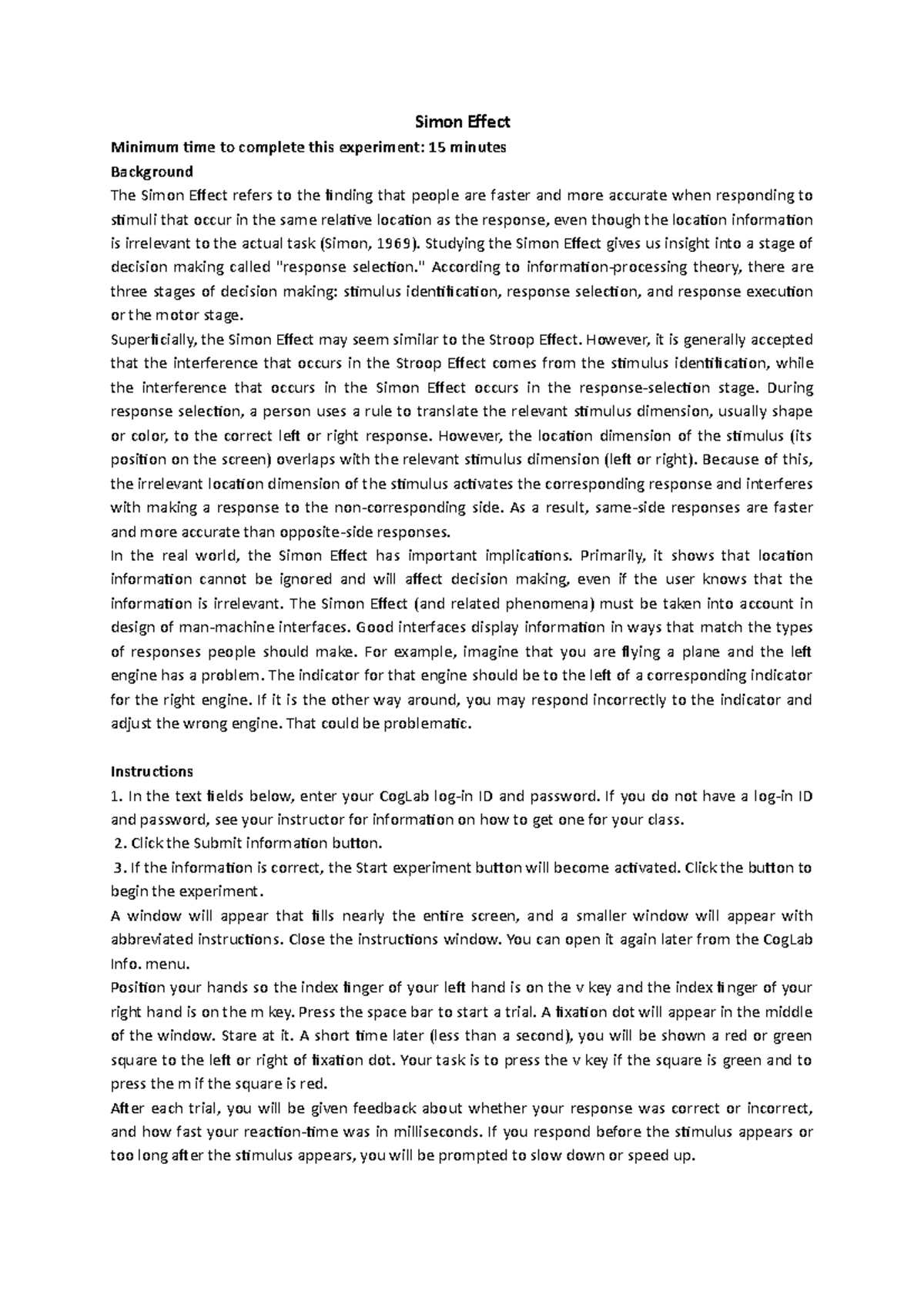 Simon Effect coglab student manual - Simon Effect Minimum time to ...