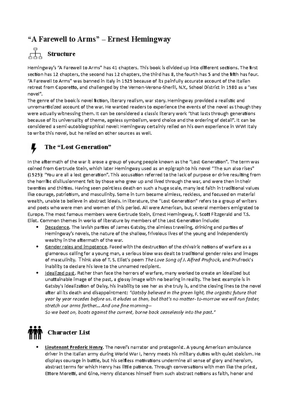 A Farewell to Arms - Riassunto del libro - “A Farewell to Arms ...