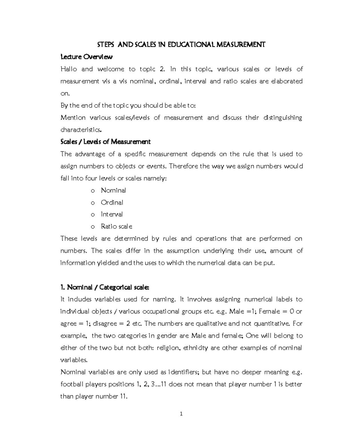 Scales IN Educational Measurement - 1 STEPS AND SCALES IN EDUCATIONAL MEASUREMENT Lecture ...