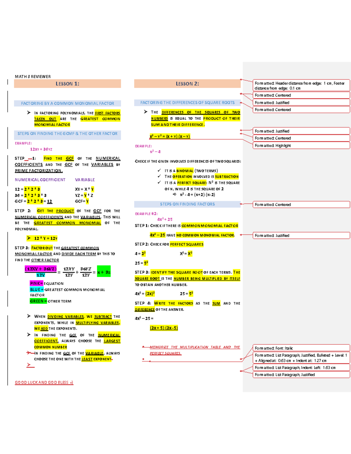 Q1 MATH 8 Reviewer - MATH ALGEBRA LEVEL 8 - MATH 8 REVIEWER GOOD LUCK ...