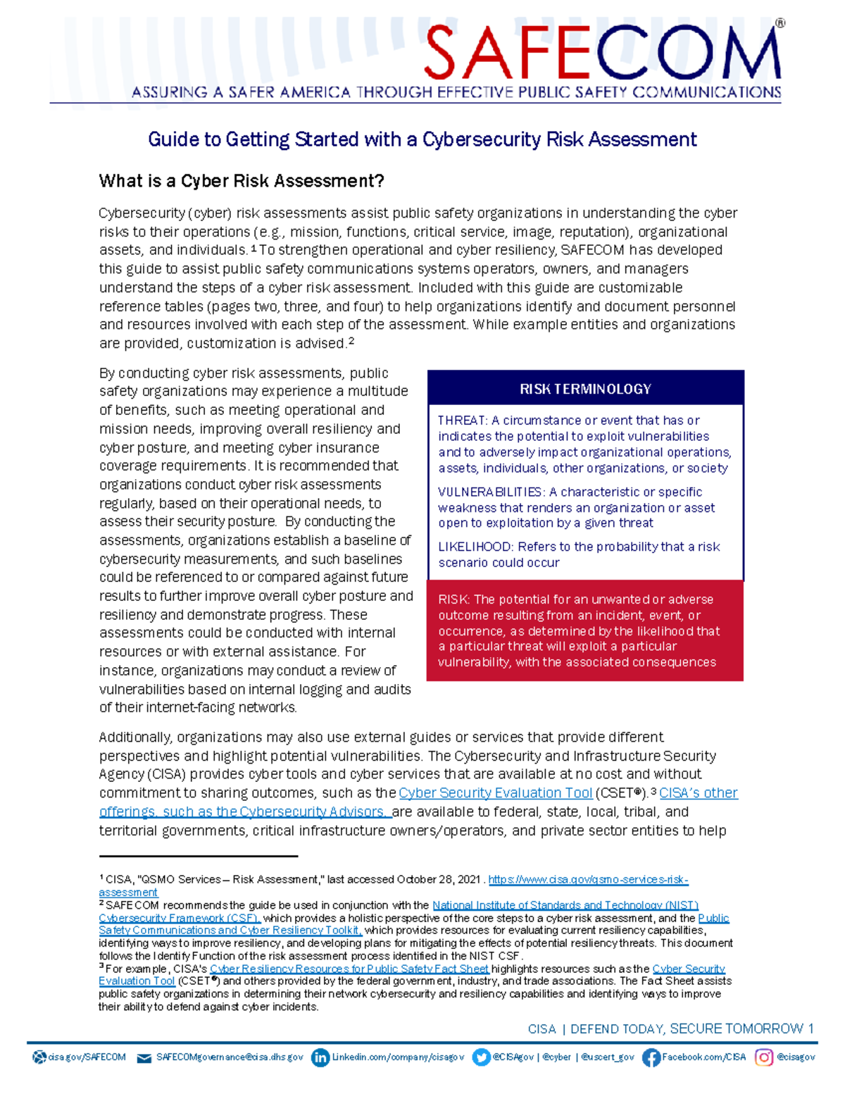 22 1201 safecom guide to cybersecurity risk assessment 508-r1 - CISA ...