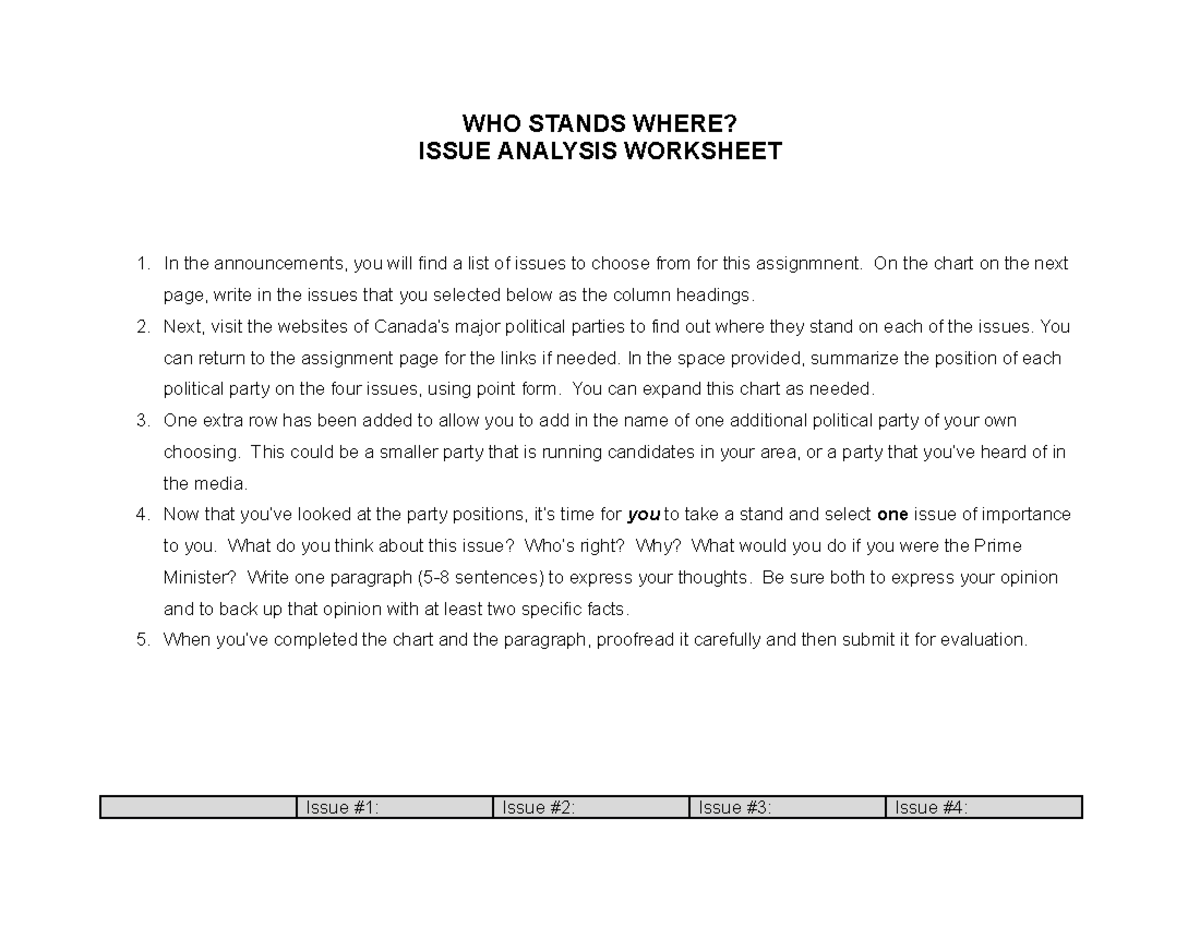 Who Stands Where (1) (3) - WHO STANDS WHERE? ISSUE ANALYSIS WORKSHEET ...