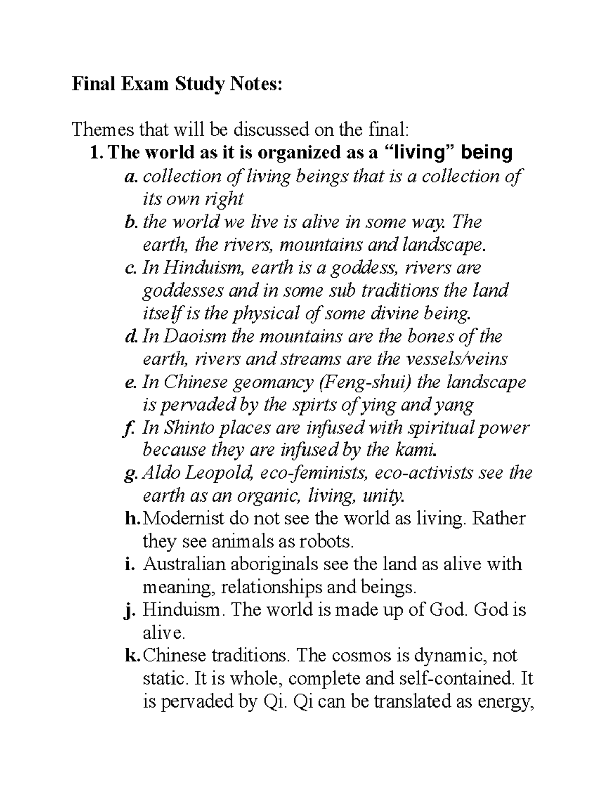 Final Exam Study Notes - Final Exam Study Notes: Themes that will be ...