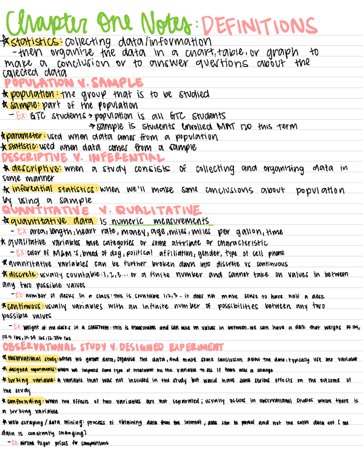 Chapter 1 Notes - Chapter One Notes : DEFINITIONS &statistics ...