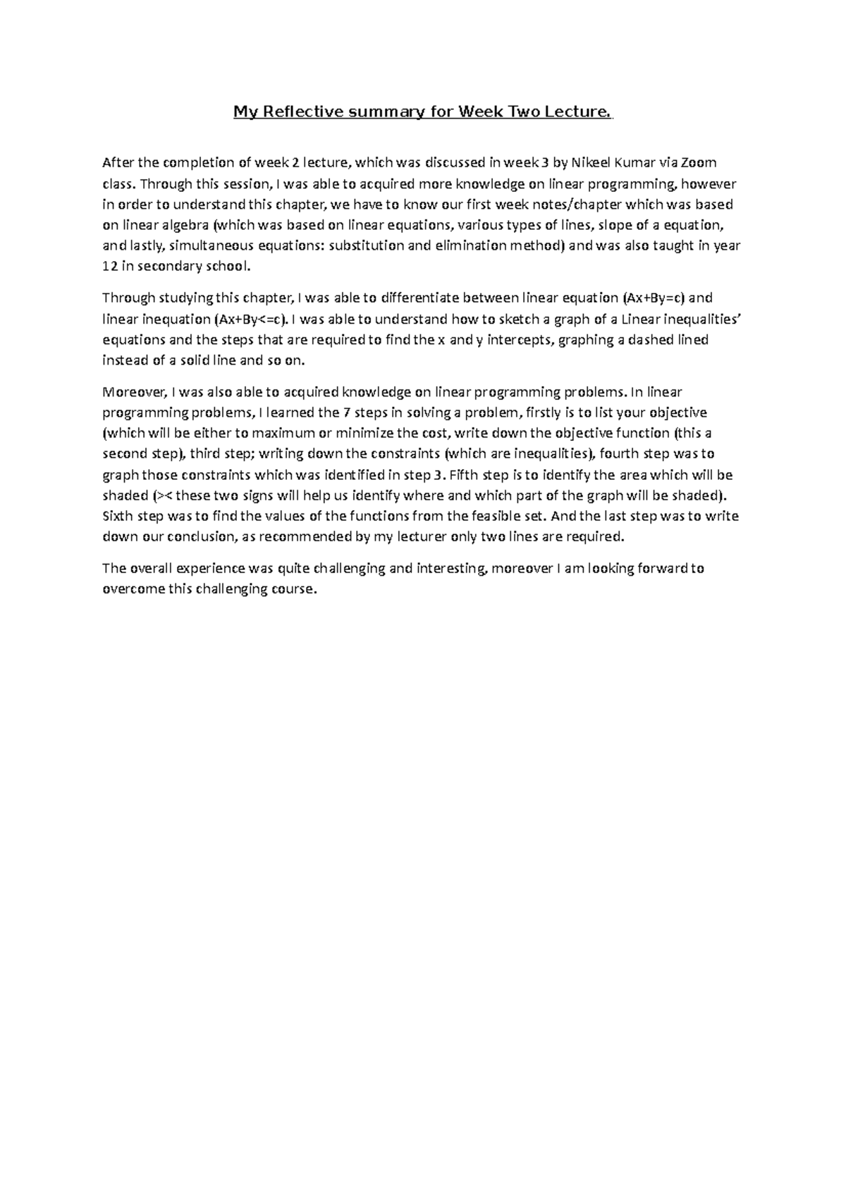 My Reflective summary for Week Two Lecture - After the completion of ...