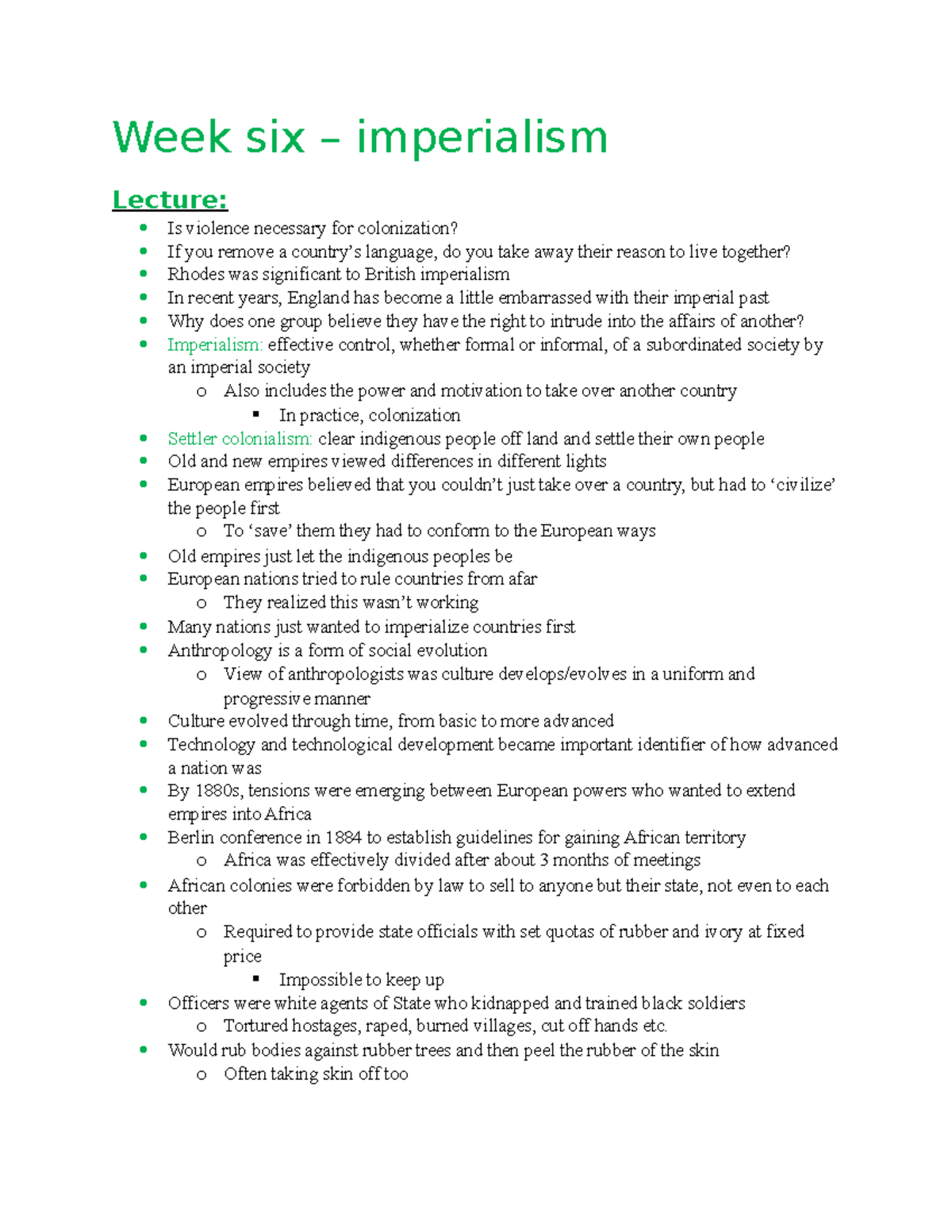 Week 6 - Lecture notes - Week six – imperialism Lecture: Is violence ...