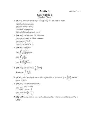 Old Exam 1 F23 - Exam 1 - Math 8 OldExam1 ̇F Old Exam 1 Total of 75 pts ...