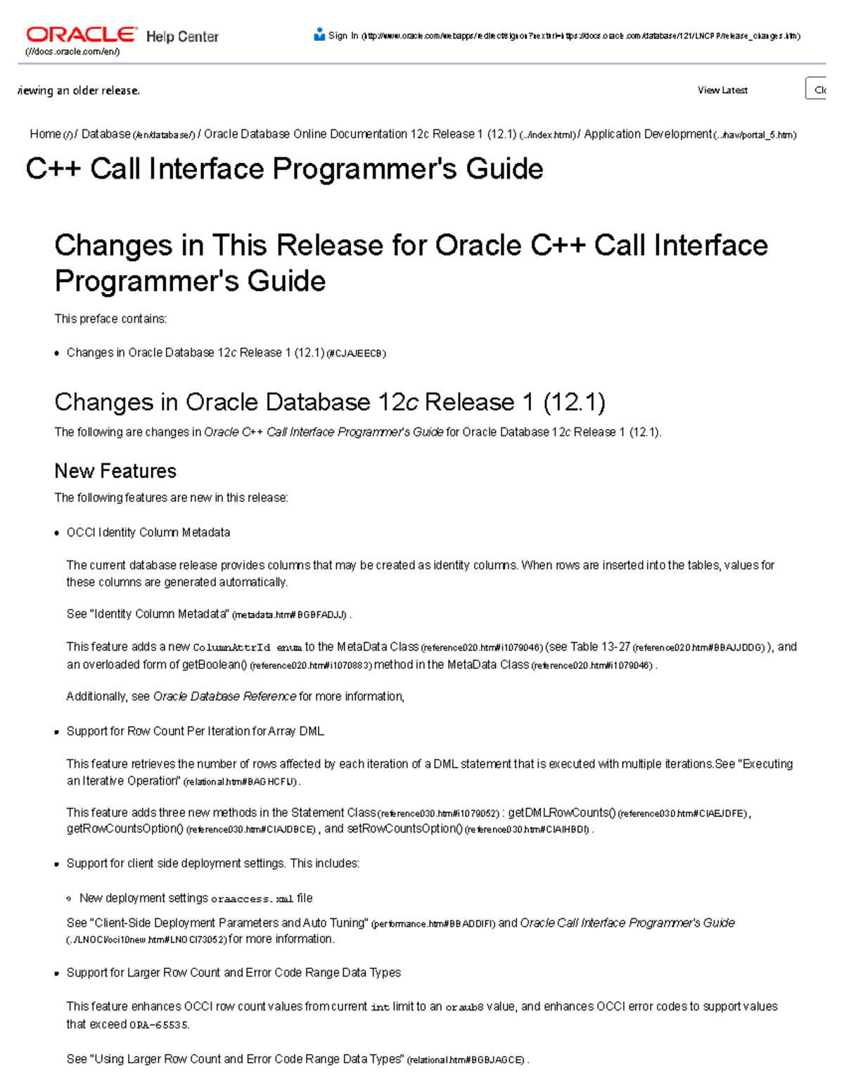 Changes in This Release for Oracle C++ Call Interface Programmer's Guide - Home (/) / Database ...