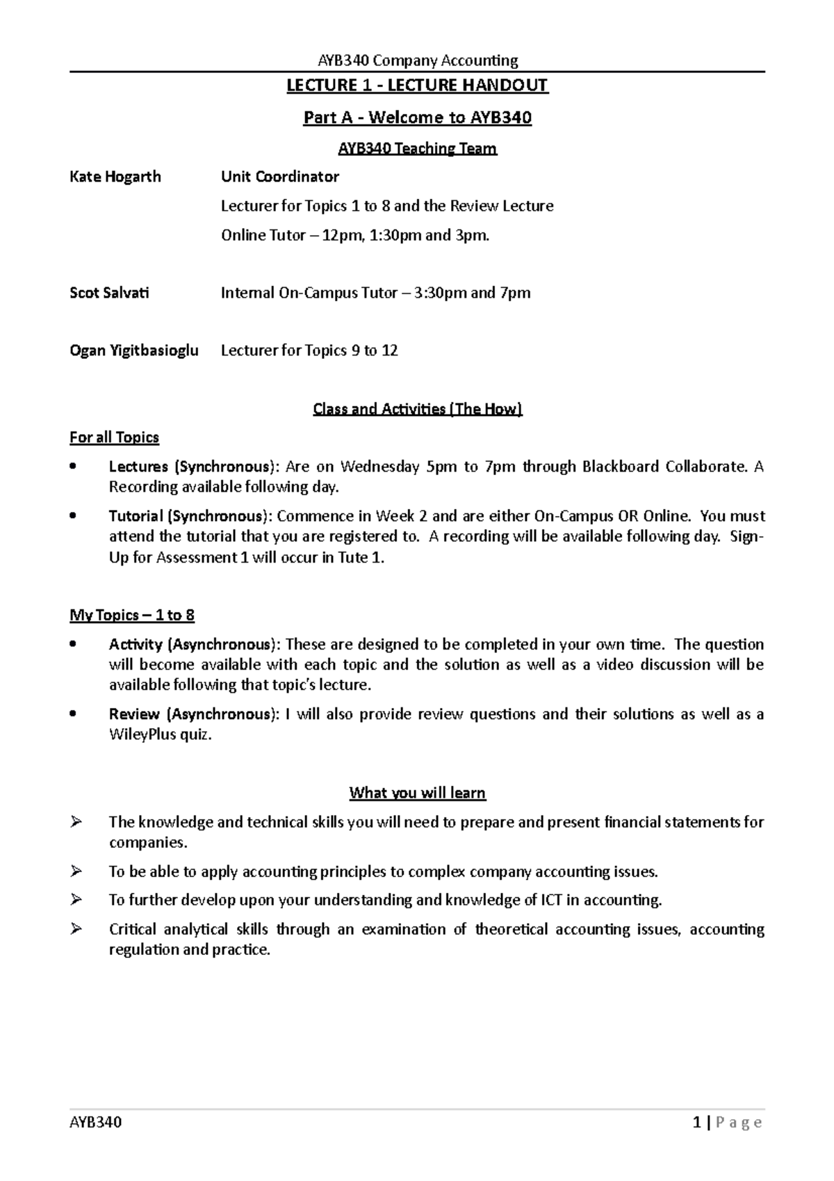Topic 1 - Notes - LECTURE 1 - LECTURE HANDOUT Part A - Welcome to AYB ...