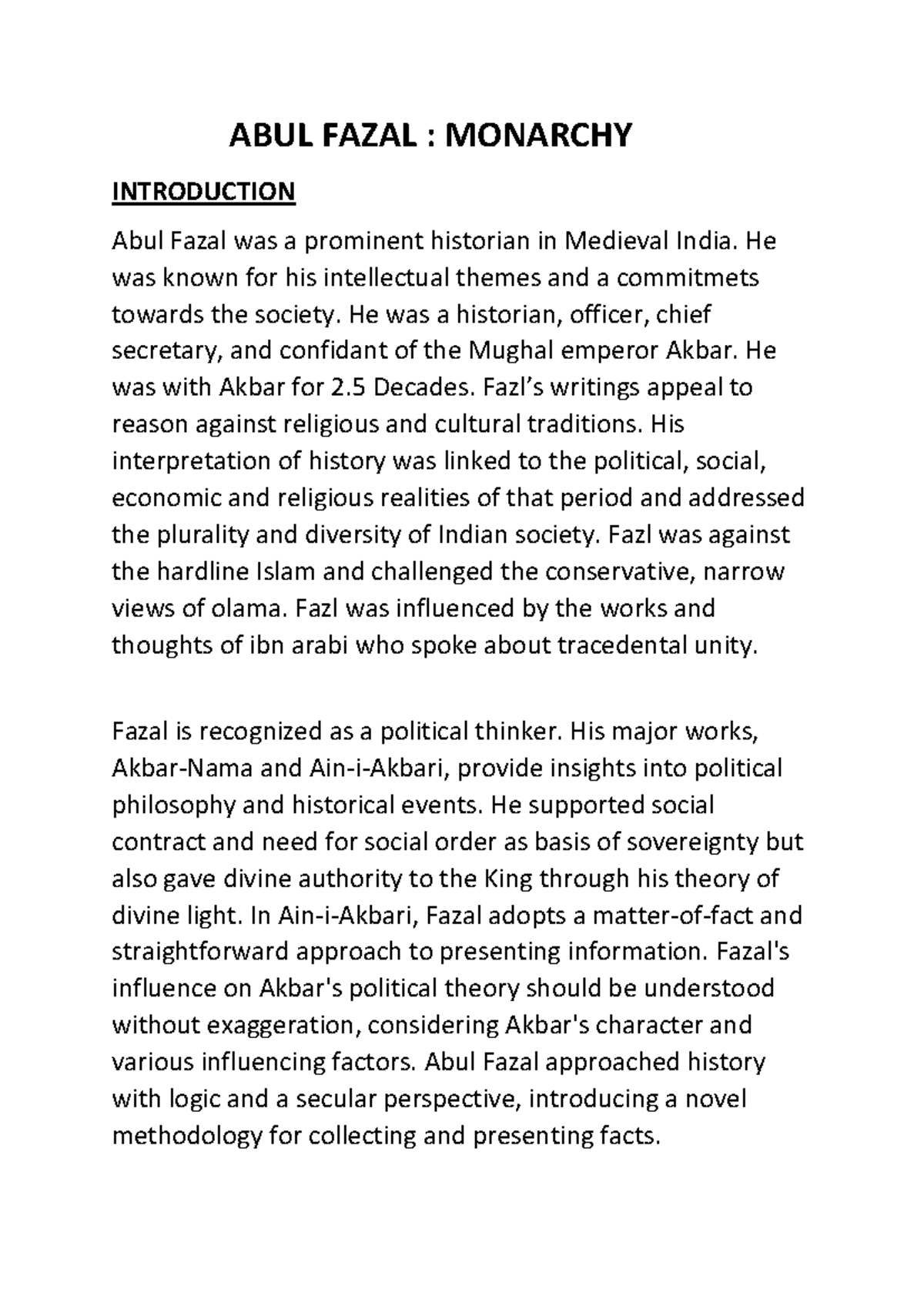 ABUL Fazal Amipt - ABUL FAZAL : MONARCHY INTRODUCTION Abul Fazal was a ...