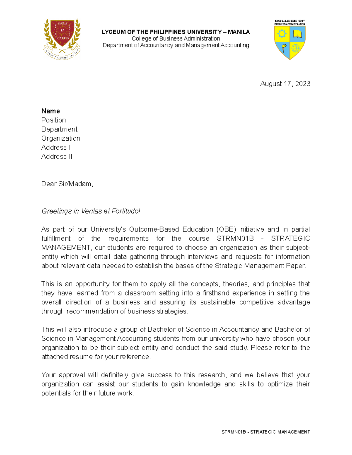 Strategic Management Letter - LYCEUM OF THE PHILIPPINES UNIVERSITY ...