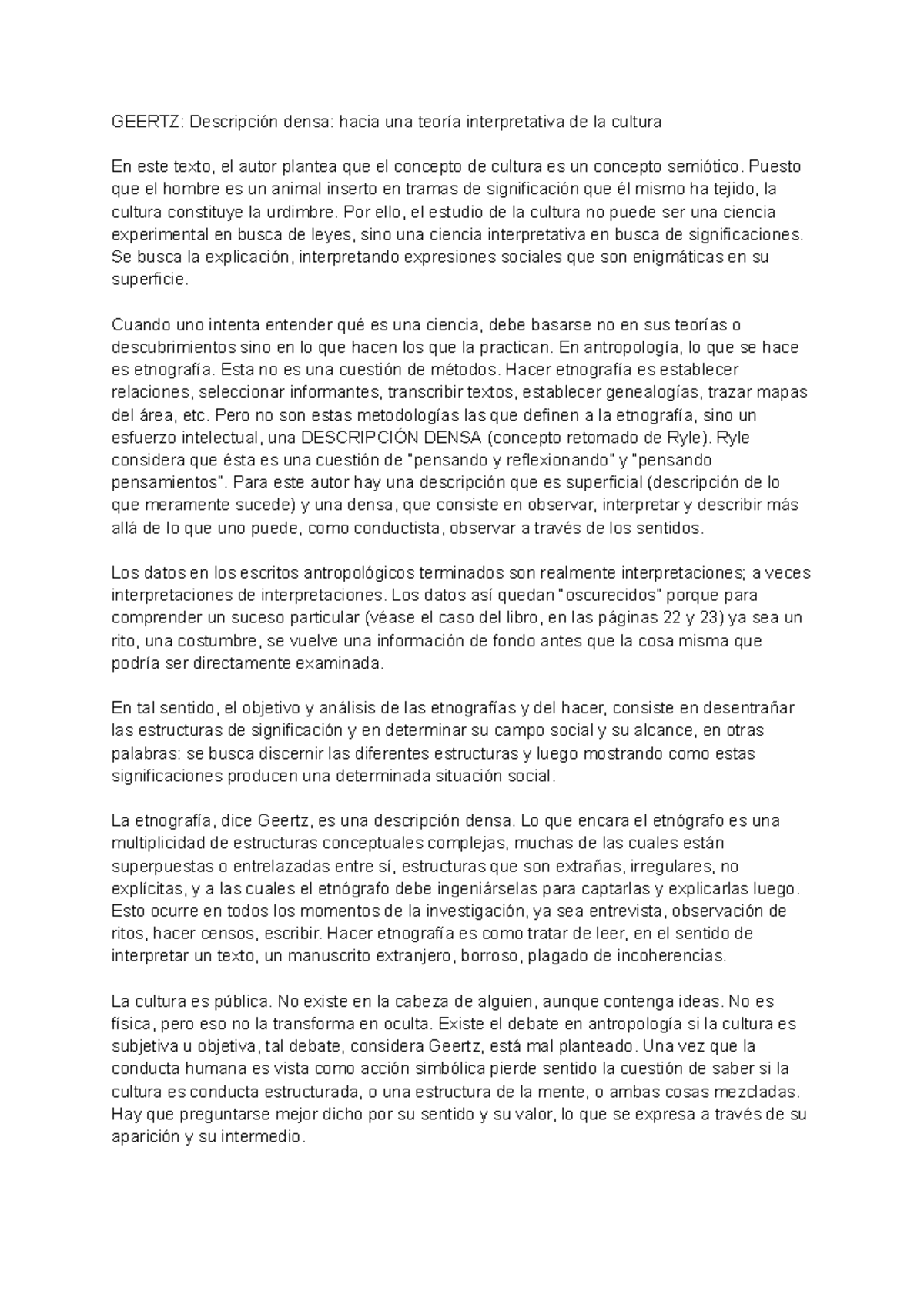 Geertz Descripción densa, resumen - GEERTZ: Descripción densa: hacia ...