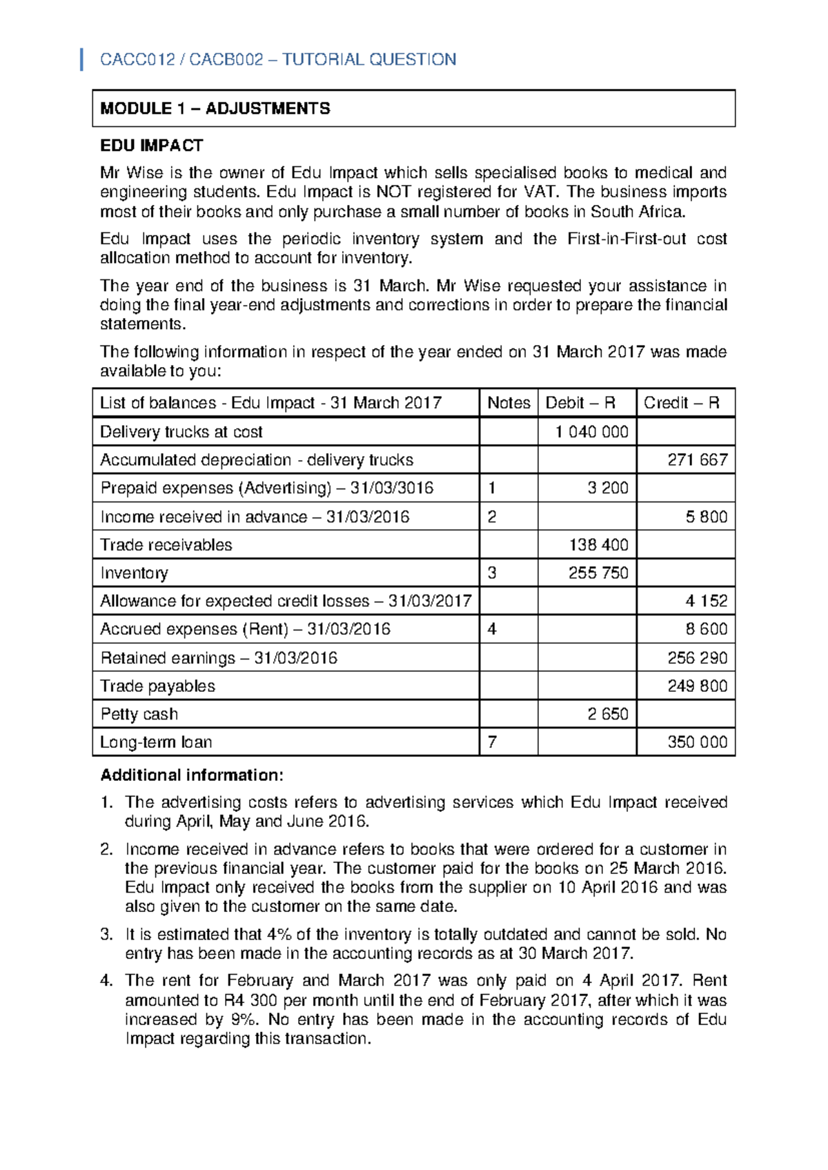 03.1 Module 1 - Adjustments (Tutorial Question) - CACC012 / CACB00 2 – TUTORIAL QUESTION MODULE ...