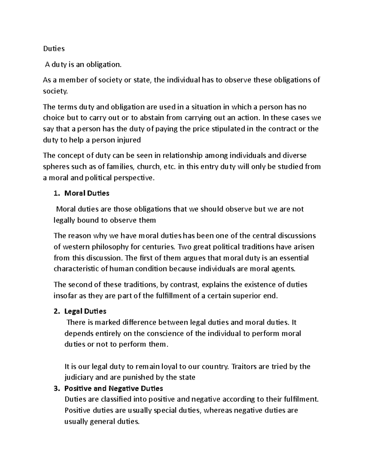 Duties - Lecture notes 2 - Duties A duty is an obligation. As a member ...