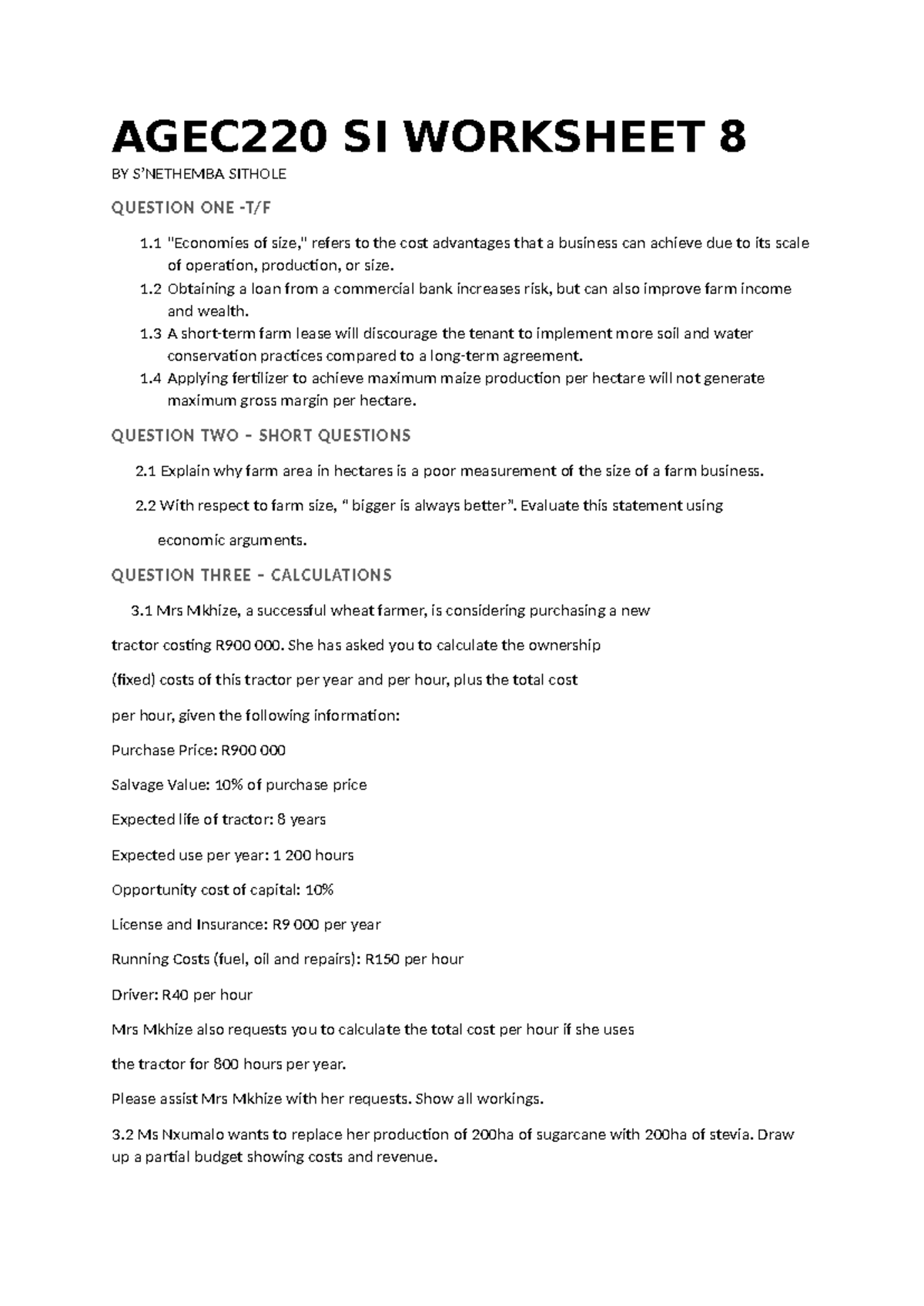 AGEC220 SI Worksheet 8 - it will help - AGEC220 SI WORKSHEET 8 BY S ...