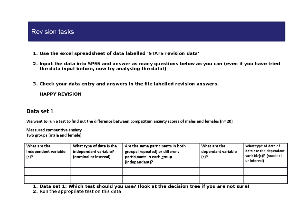Revision task sheet - Revision tasks 1. Use the excel spreadsheet of ...