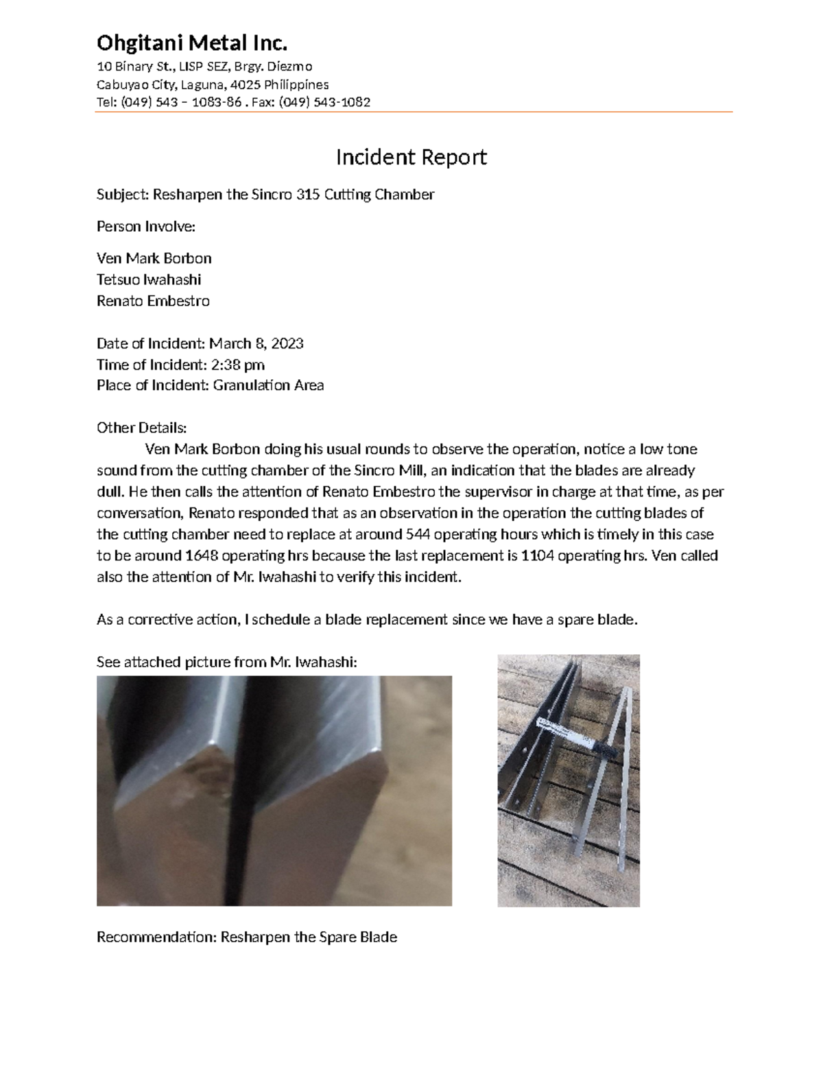 Incident Report Cutting Chamber Blade - Ohgitani Metal Inc. 10 Binary ...