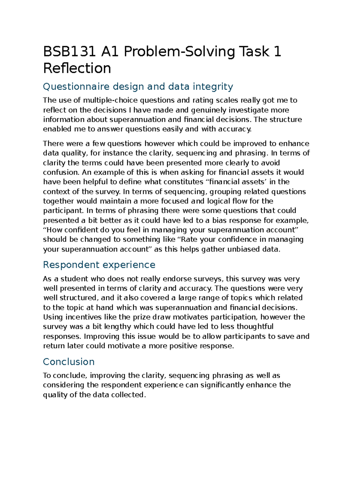 BSB131 A1 Reflection - BSB131 A1 Problem-Solving Task 1 Reflection Questionnaire design and data ...
