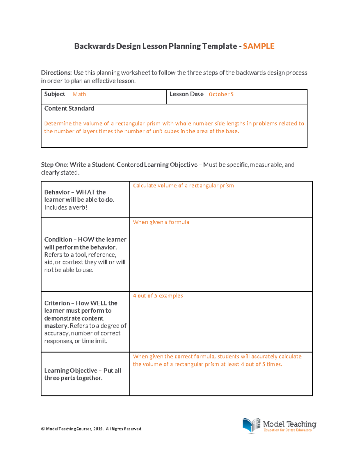 Backwards Design Lesson Planning Template Sample - © Model Teaching ...