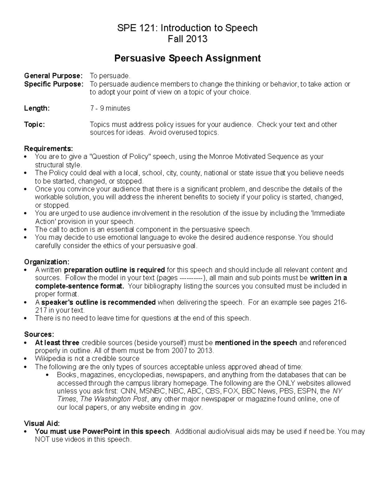 Persuasive Speech Assignment - SPE 121: Introduction to Speech Fall ...