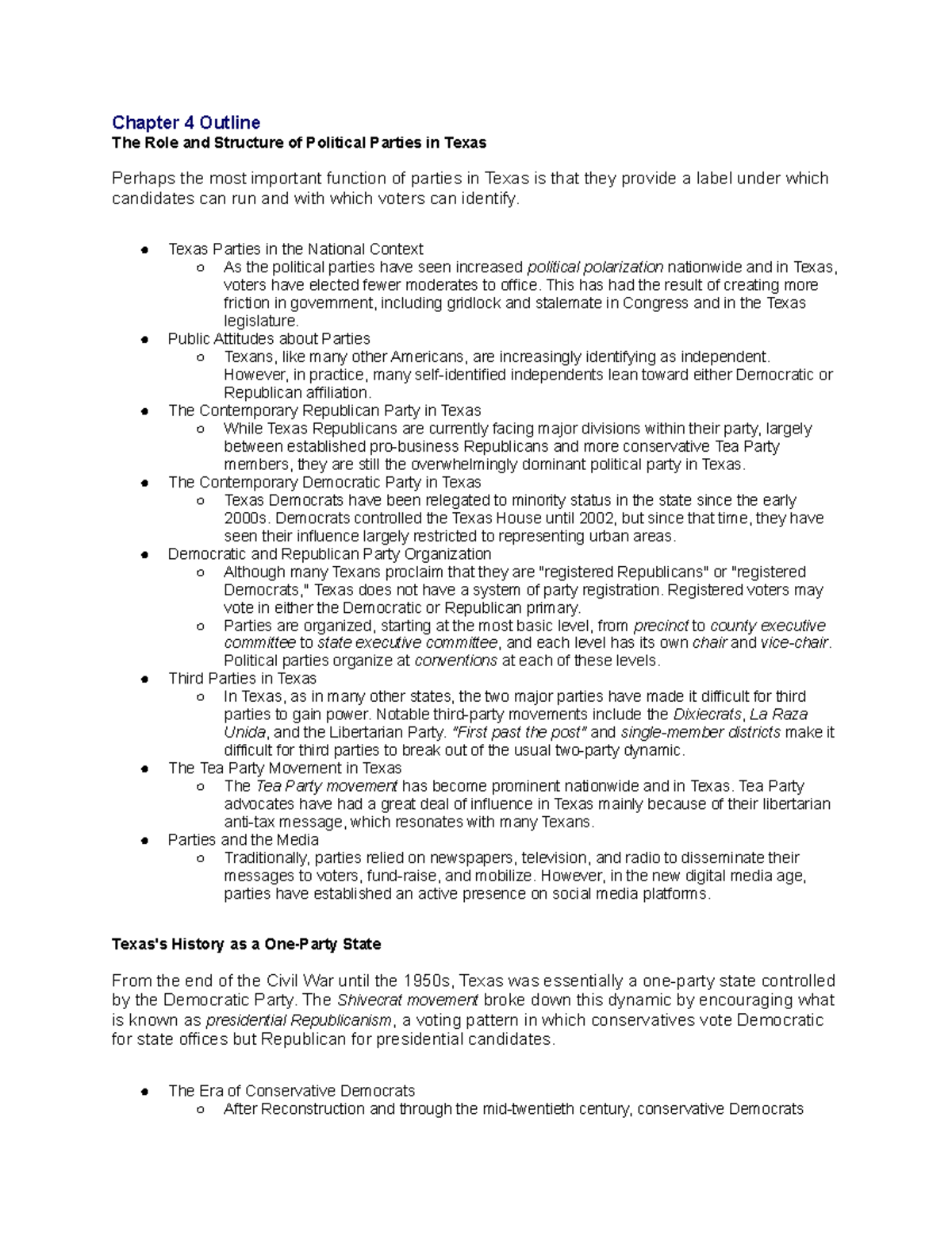 Tx gov't- Chapter 4 Outline - Chapter 4 Outline The Role and Structure ...
