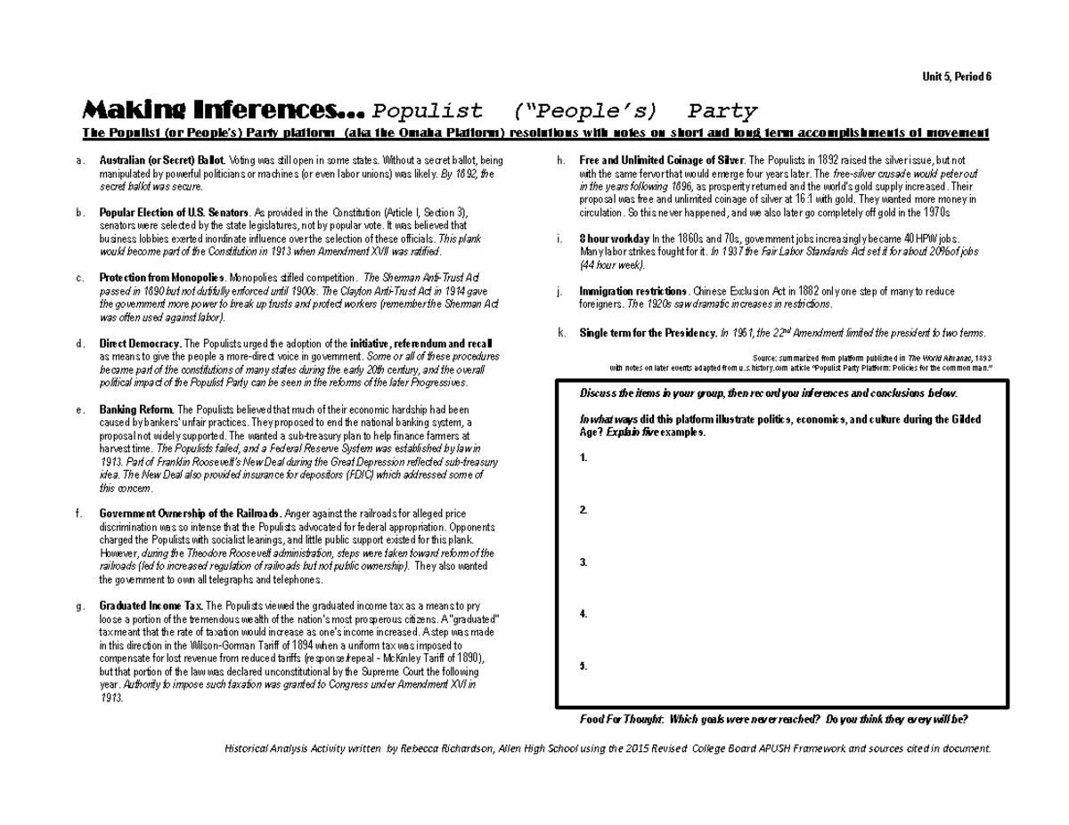 Populist Party Platform - Unit 5, Period 6 Historical Analysis Activity ...