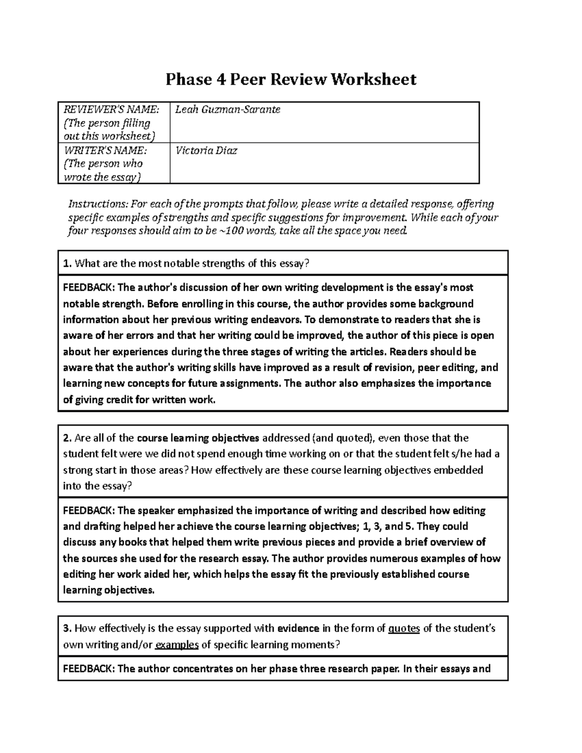 Peer review for victoria - Phase 4 Peer Review Worksheet REVIEWER’S ...