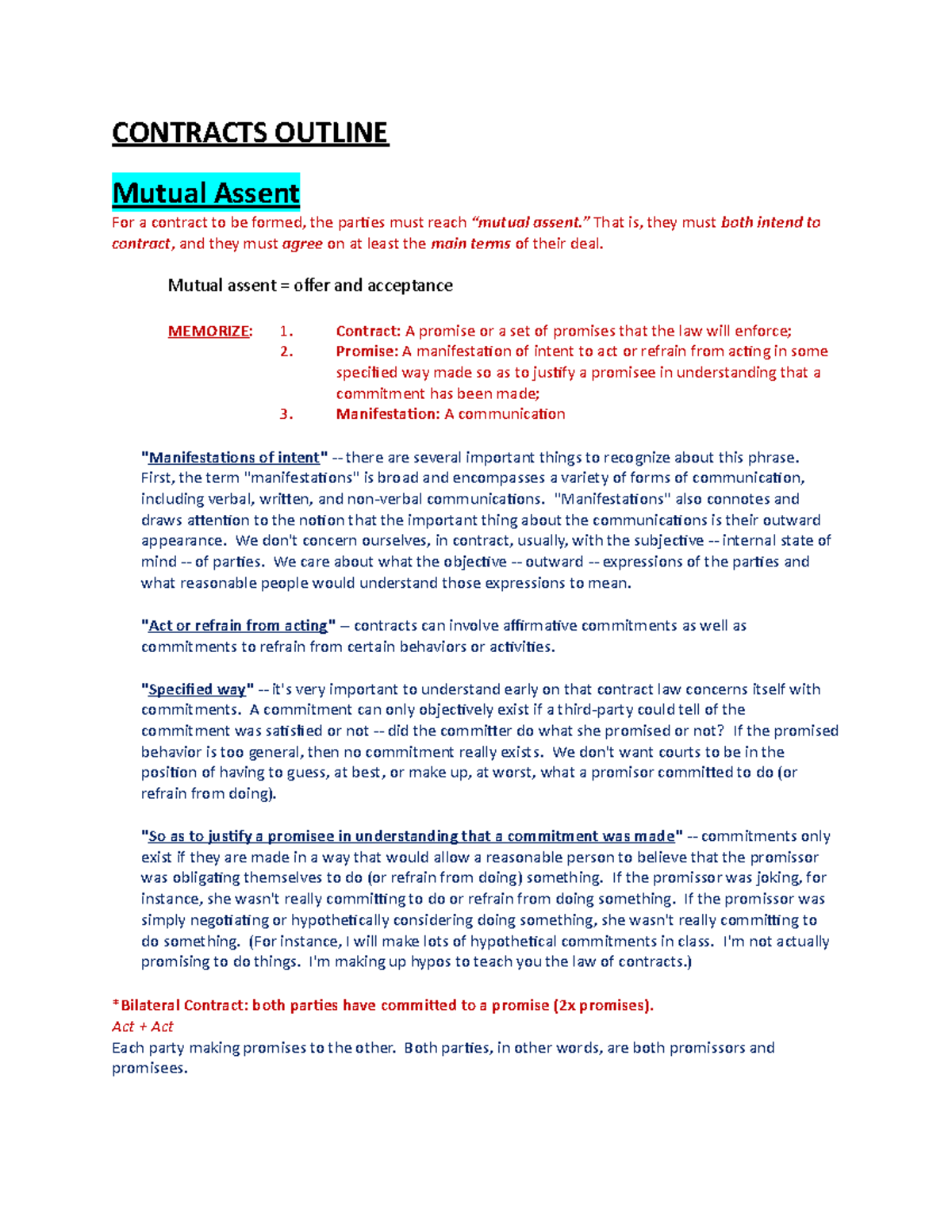 Contracts Course Outline - CONTRACTS OUTLINE Mutual Assent For a ...