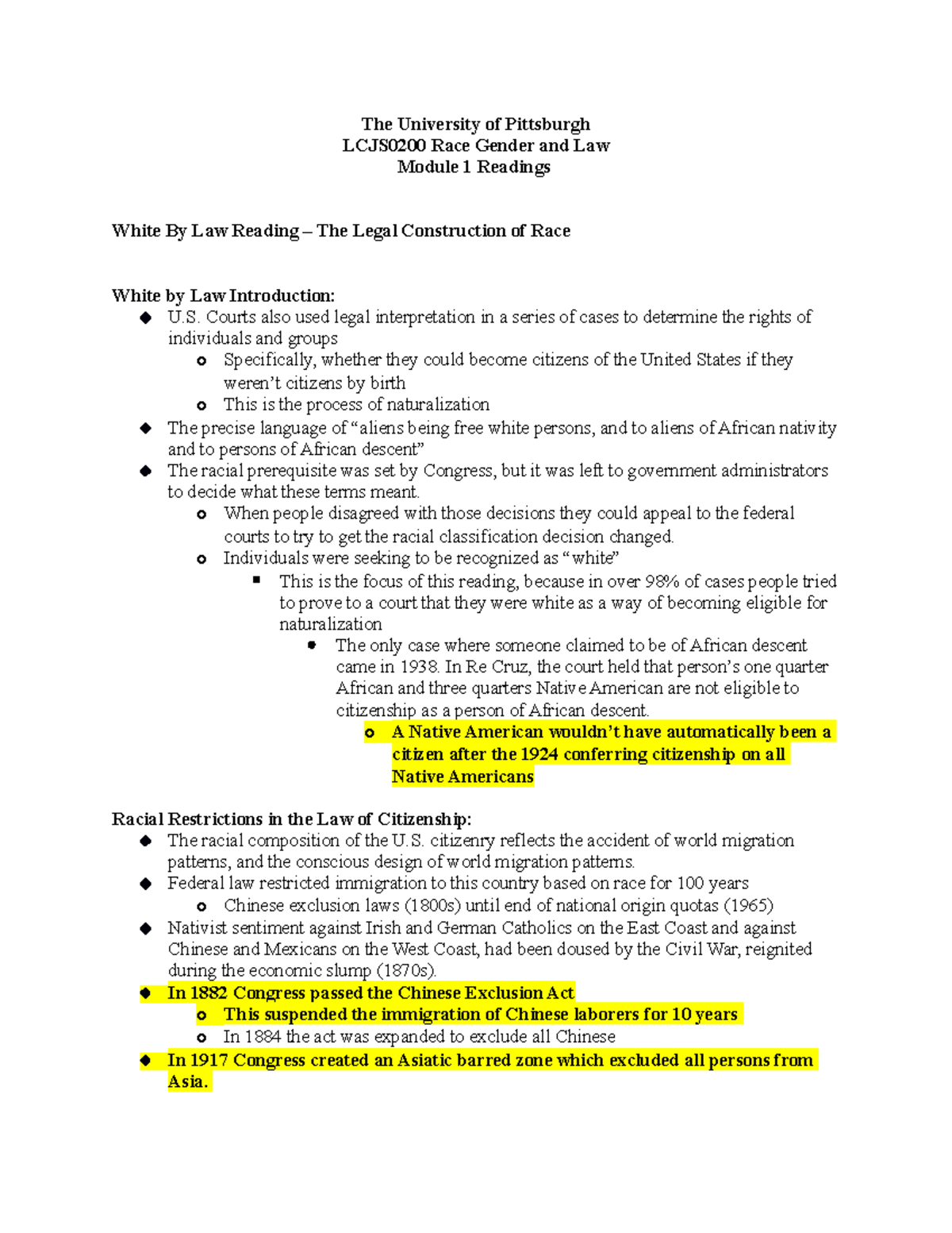 Module 1 - White by Law Reading - The University of Pittsburgh LCJS0200 ...
