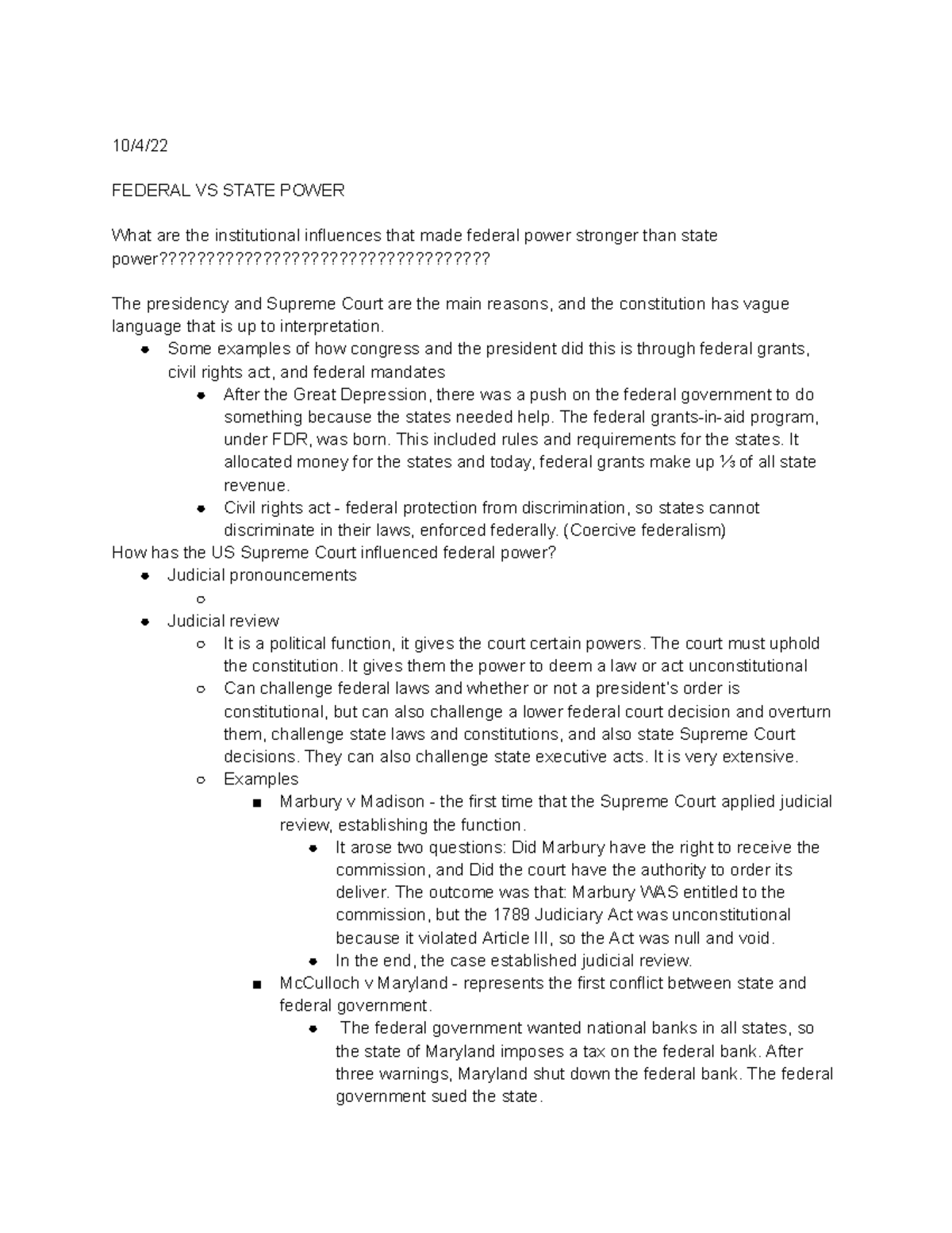 PART 2 - Part two of the notes. - 10/4/ FEDERAL VS STATE POWER What are ...
