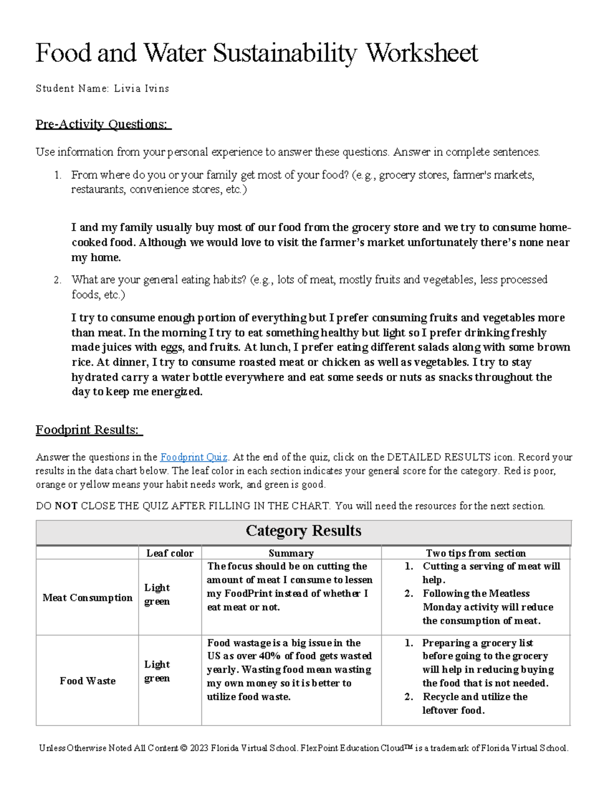 Yo Fky D - Food and Water Sustainability Worksheet Student Name: Livia ...