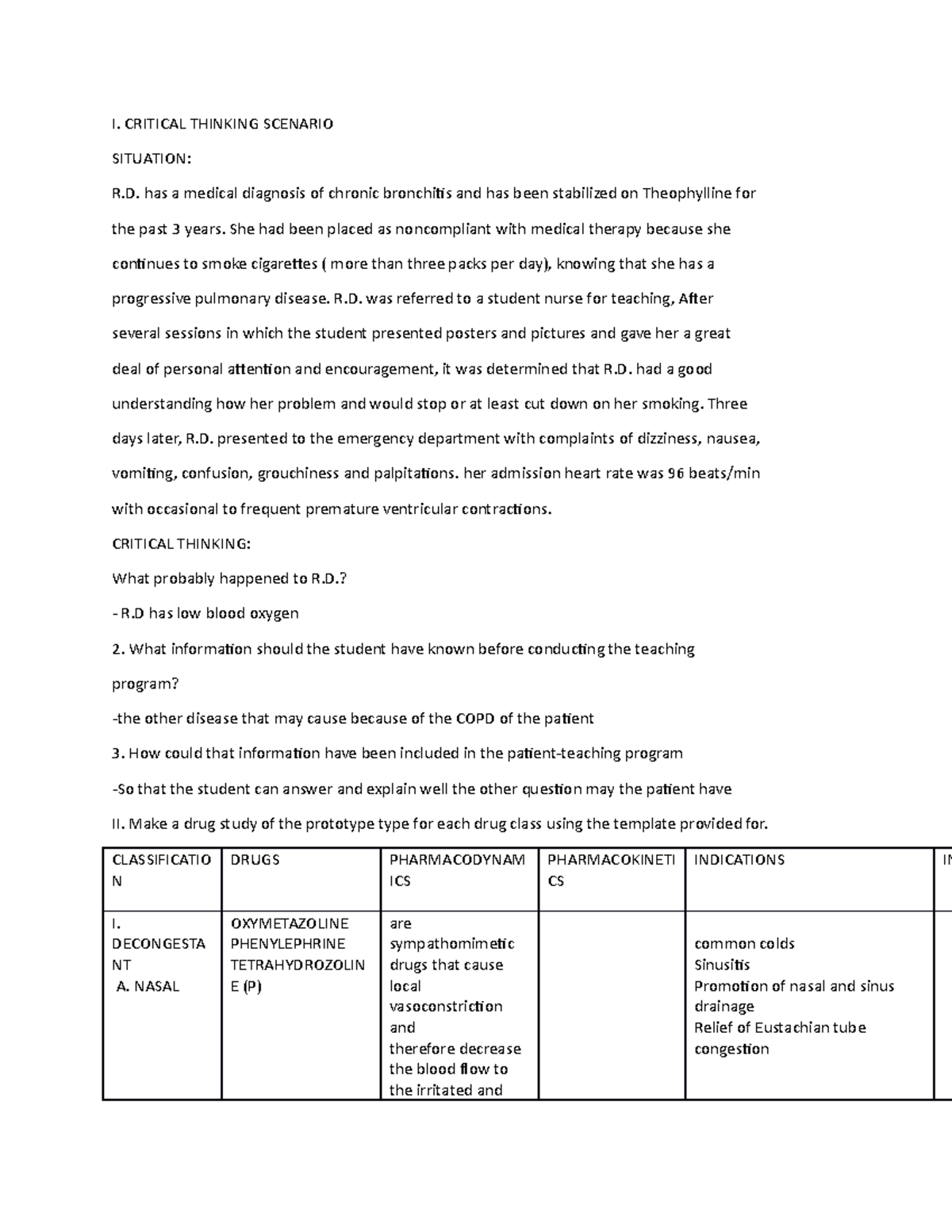 Pharma TASK 6 - nursing care plan - I. CRITICAL THINKING SCENARIO ...